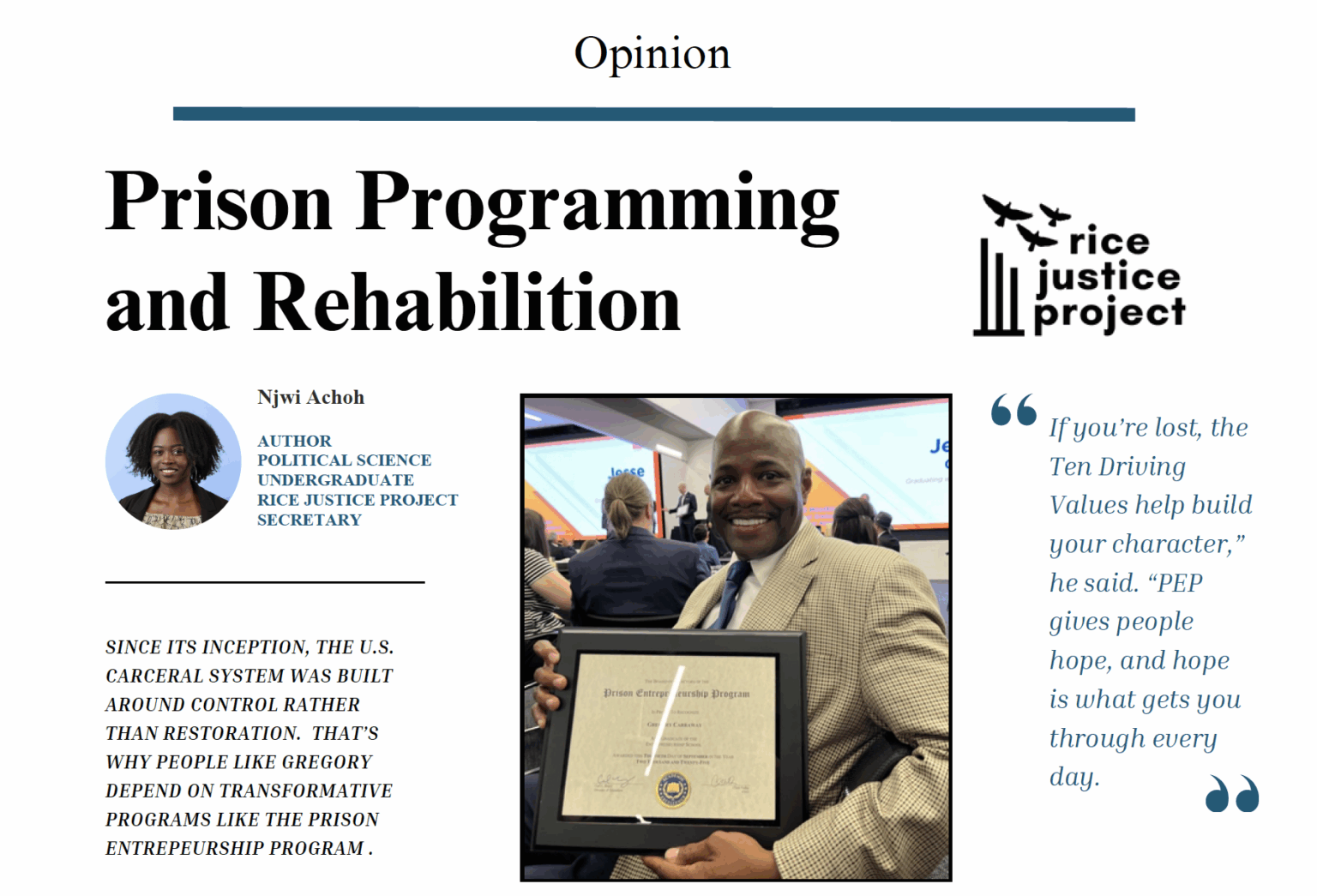 Rice Justice Project Highlights PEP in Op-Ed on Prison Programming and ...